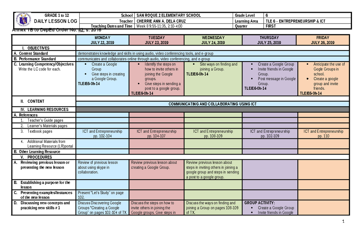 DLL TLE-ICT WEEK 8 - lecture - GRADE 1 to 12 DAILY LESSON LOG School SAN ROQUE 2 ELEMENTARY ...