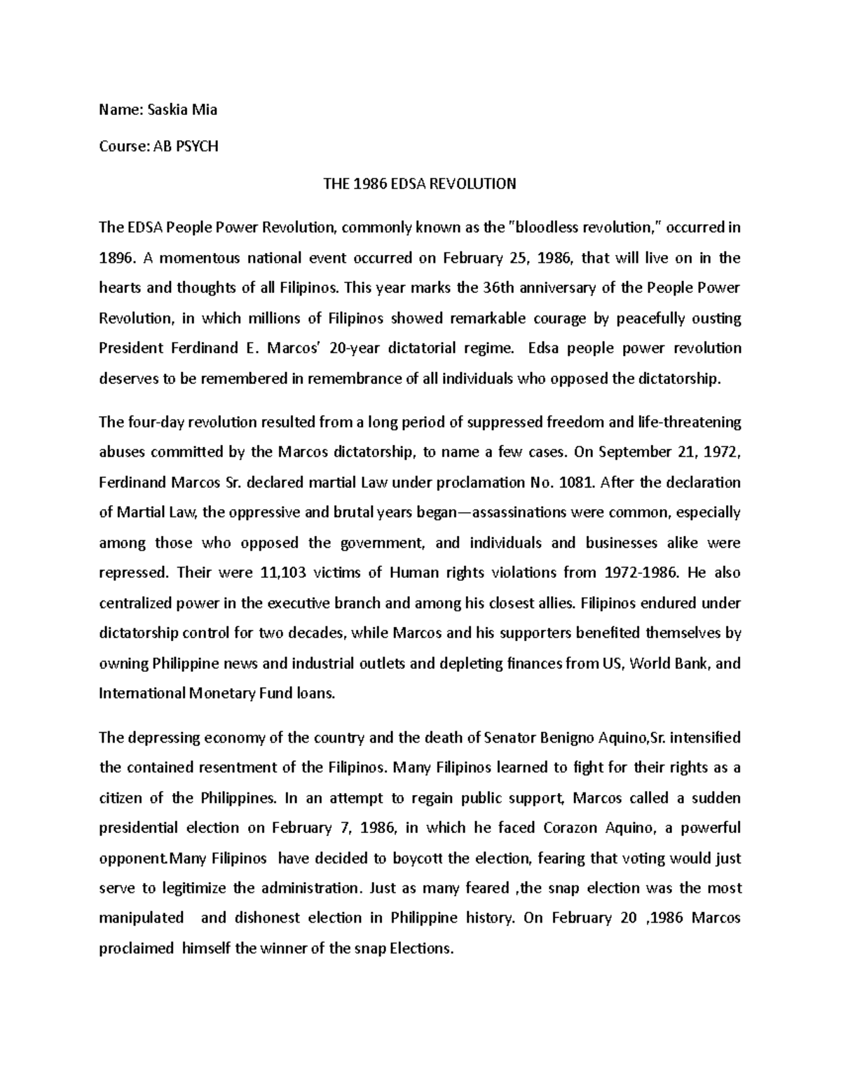 EDSA Revolution - Why is it important to commemorate EDSA? - Name ...