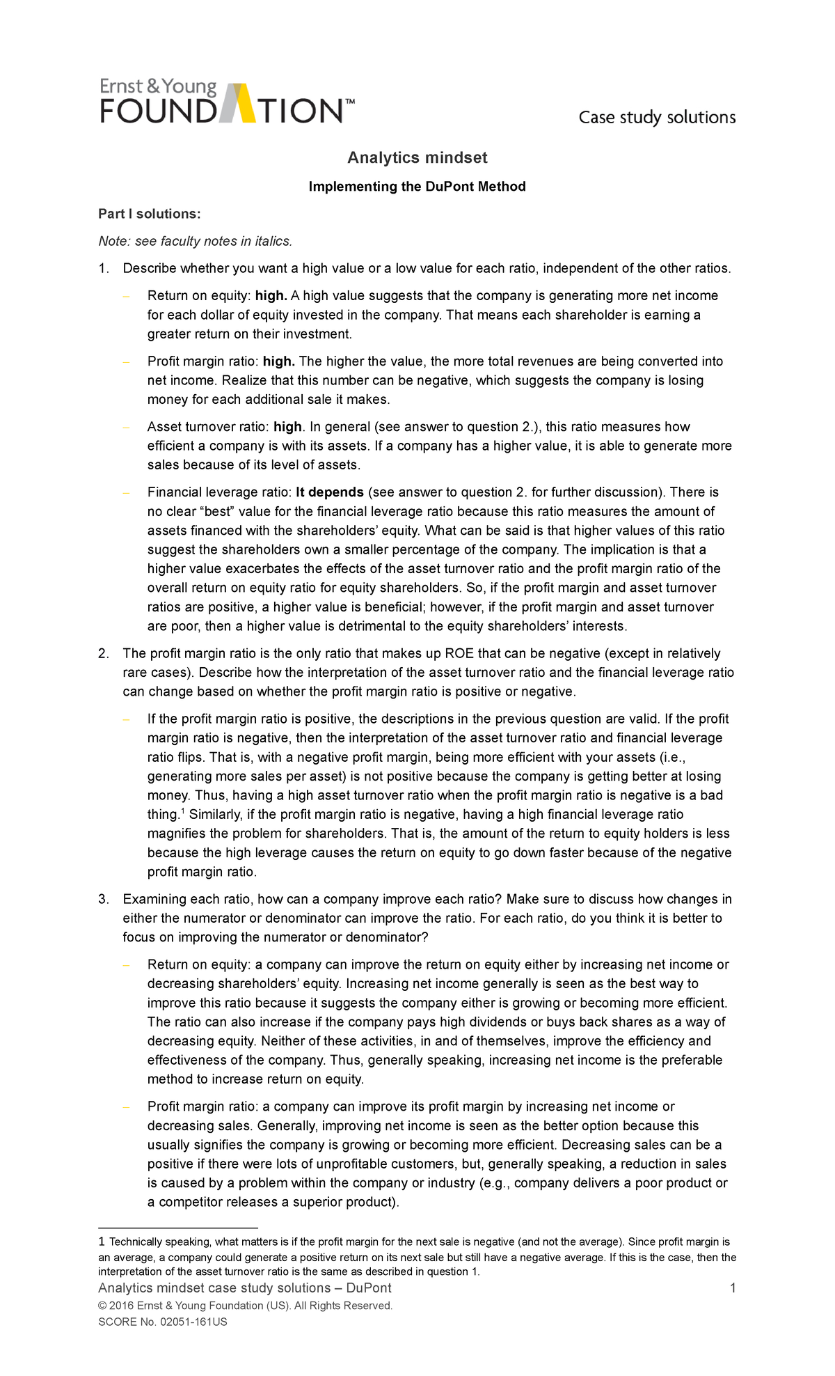 Du Pont Case - Answers to Part I and II Questions - Analytics mindset Implementing the DuPont ...