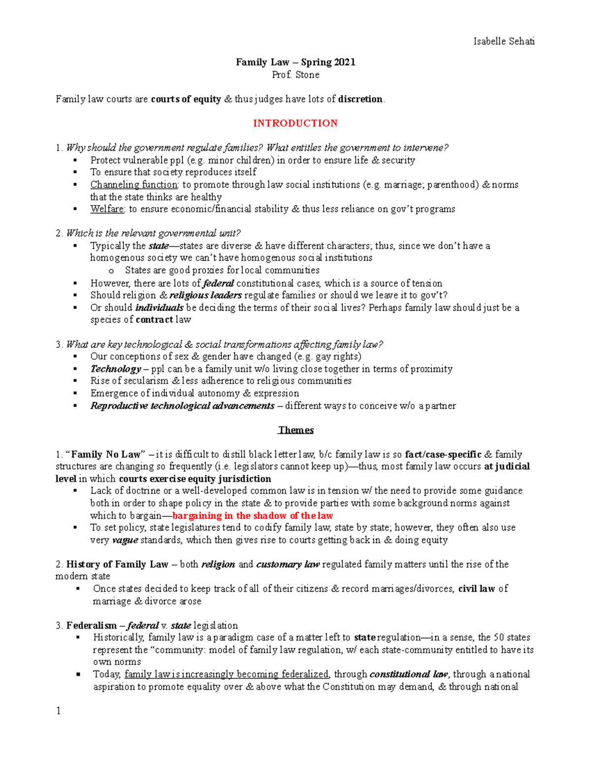 Family Law Outline - Family Law – Spring 2021 Prof. Stone Family law ...