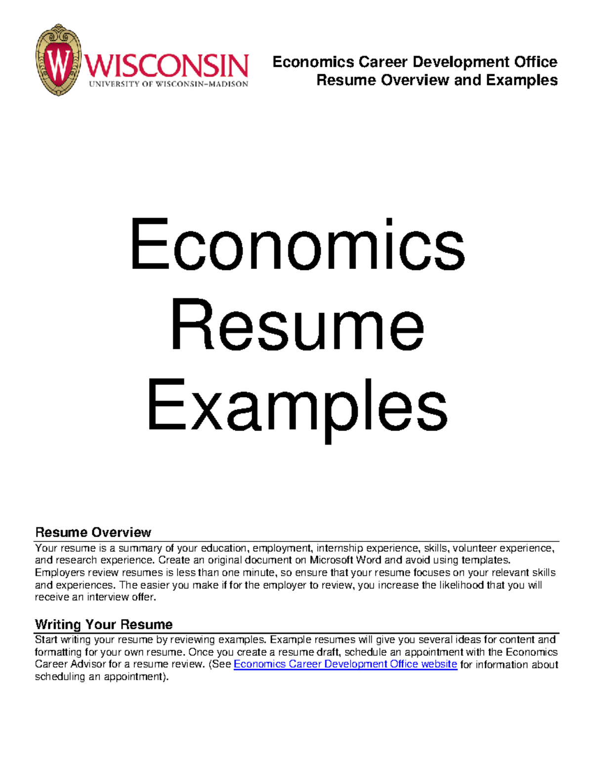 economics example cvs - Economics Career Development Office Resume ...