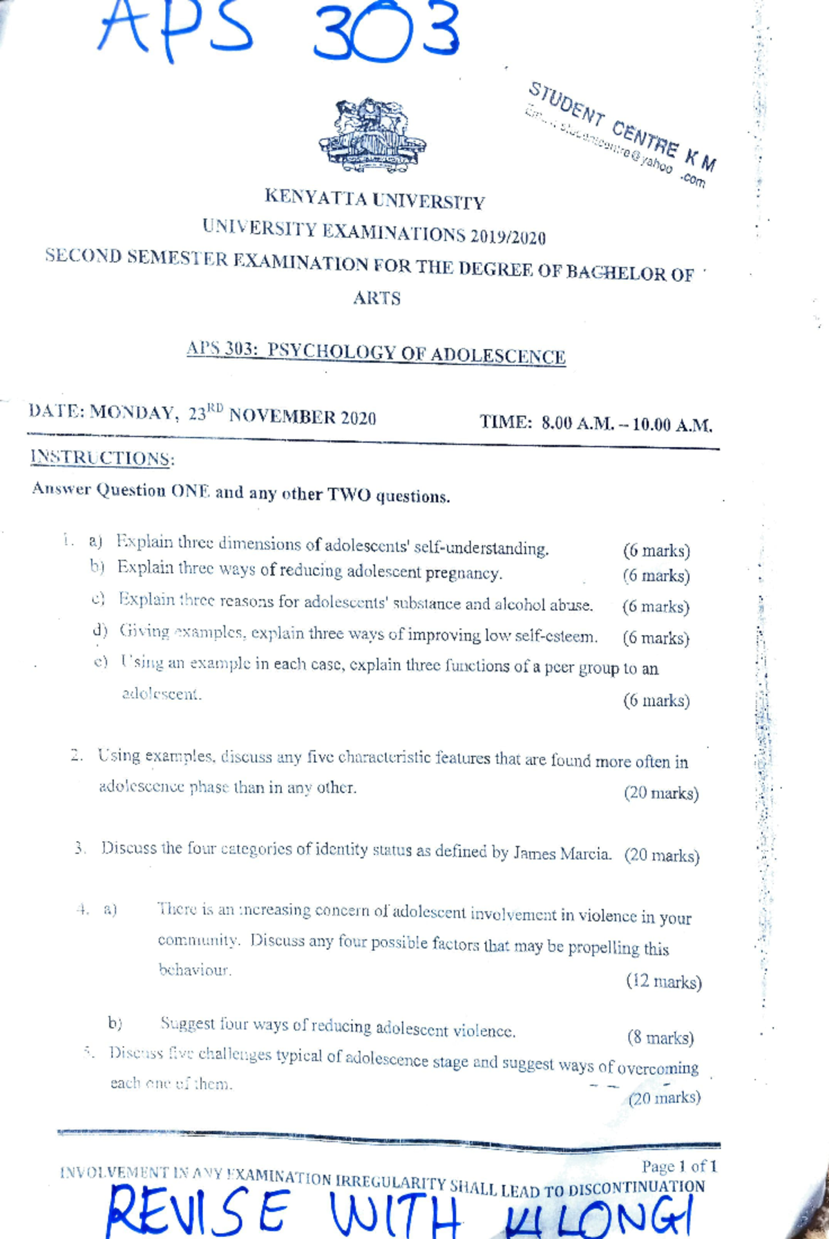 APS 303 PAPERS - APS 303 LfSTUDENT Su@yaho0 CENTRE .comKM KENYATTA UNIVERSITY UNIVERSITY - Studocu