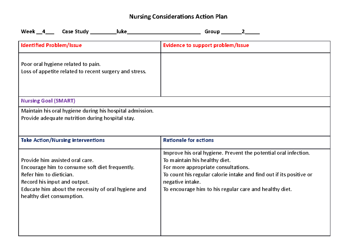 Nursing Considerations Action Plan Template - Nursing Considerations ...
