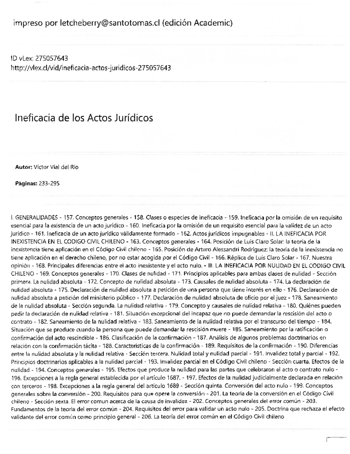 Ineficacia de los Actos Jurídicos - Derecho Civil I - Studocu