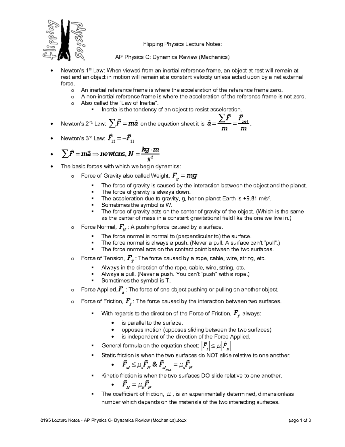 AP Physics Dynamics - 0195 Lecture Notes - AP Physics C- Dynamics ...
