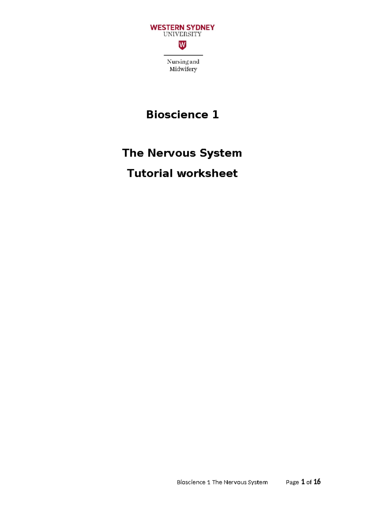 Nervous system Tutorial worksheet - Bioscience 1 The Nervous System Tutorial worksheet Text ...