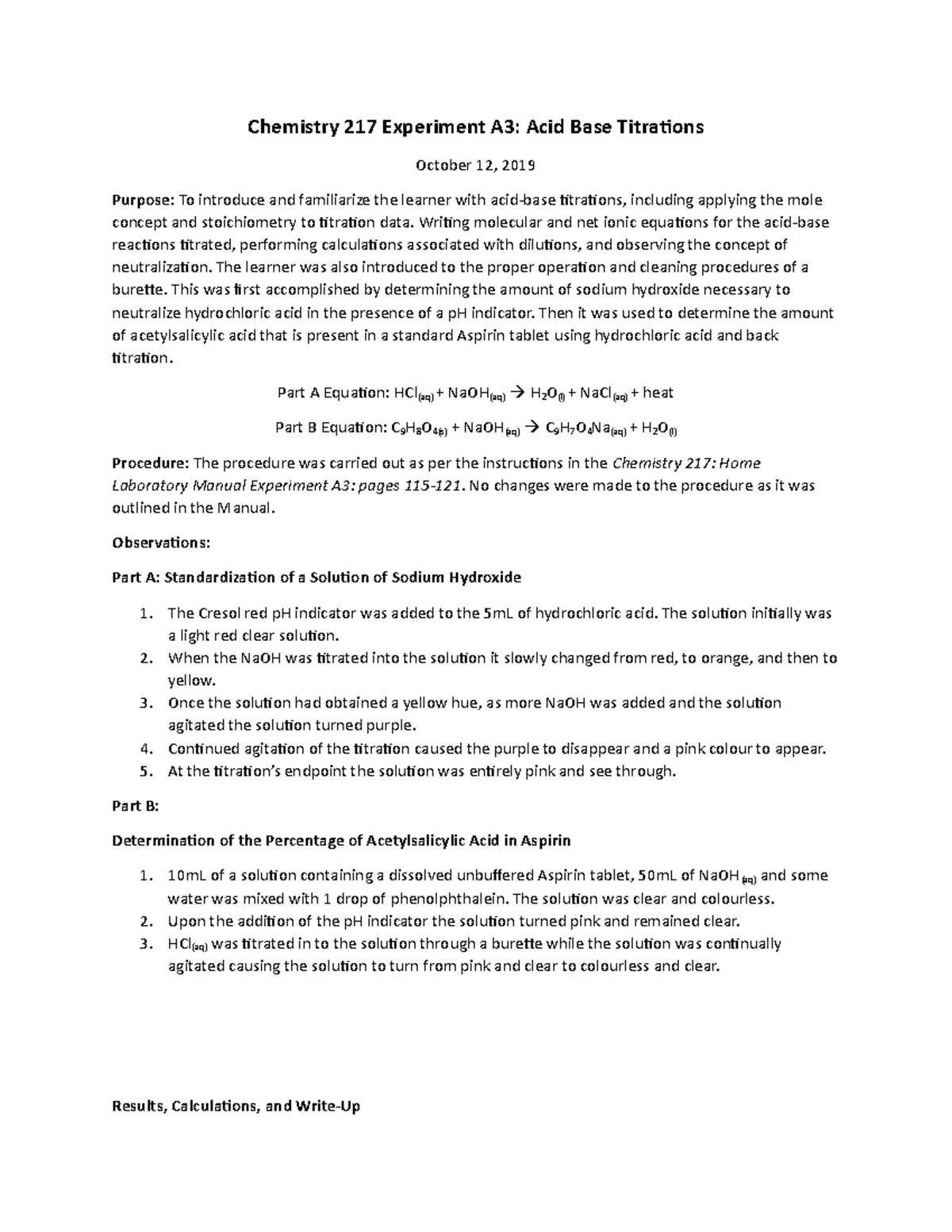 Experiment A3 - Lab Report - Chemistry 217 Experiment A3: Acid Base ...