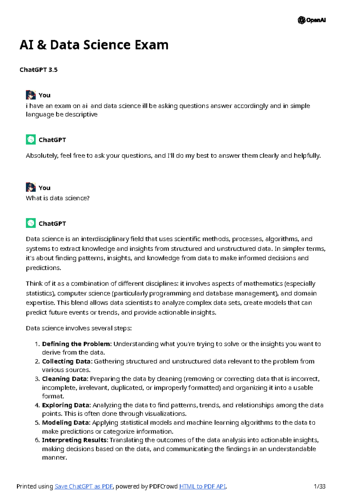 AI & Data Science Exam - AI & Data Science Exam ChatGPT 3. You i have ...