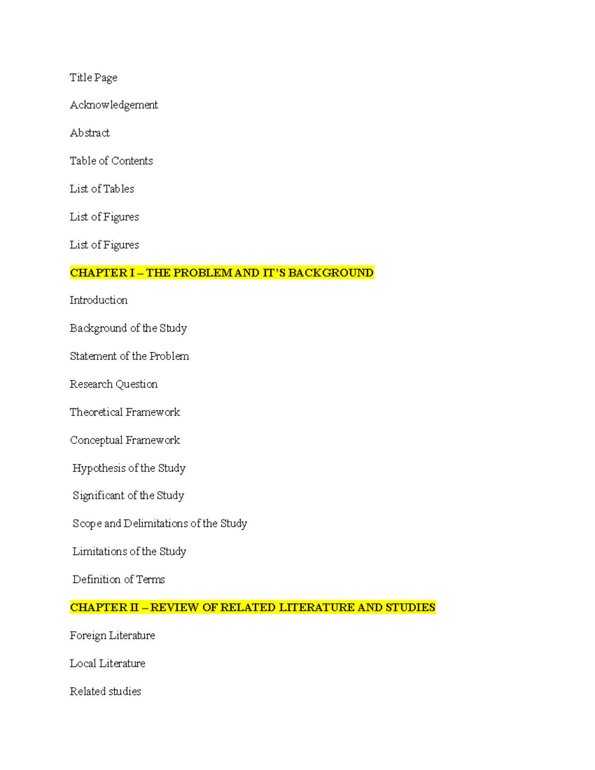 Research- Outline - Title Page Acknowledgement Abstract Table of ...