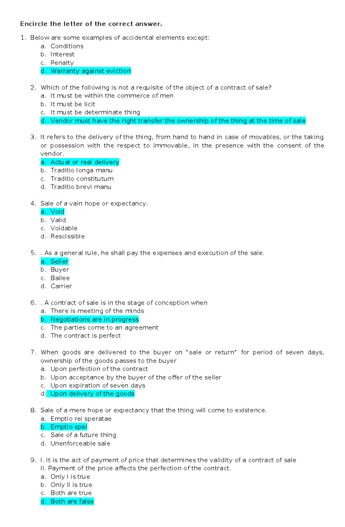 QUIZ LAW ON Sales - Encircle the letter of the correct answer. Below ...