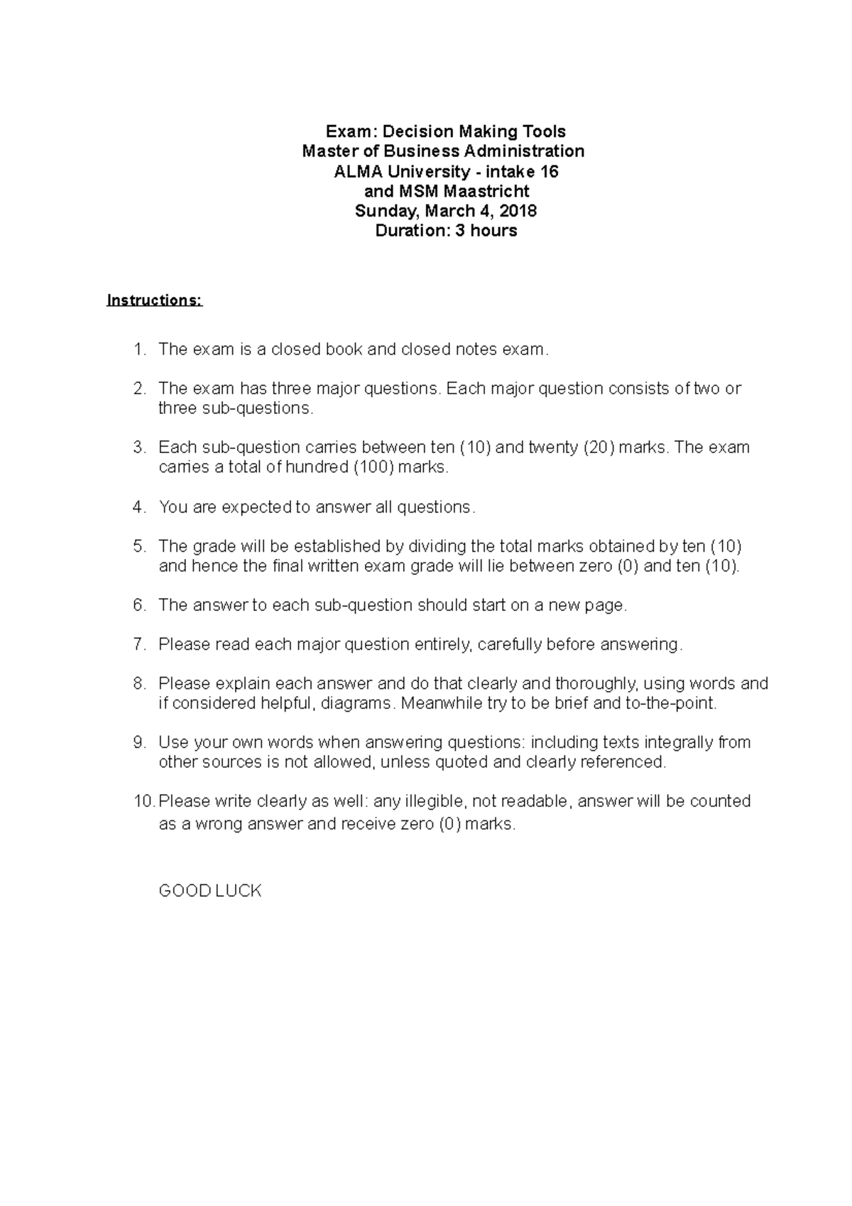 Exam ination March 2018 - Exam: Decision Making Tools Master of ...