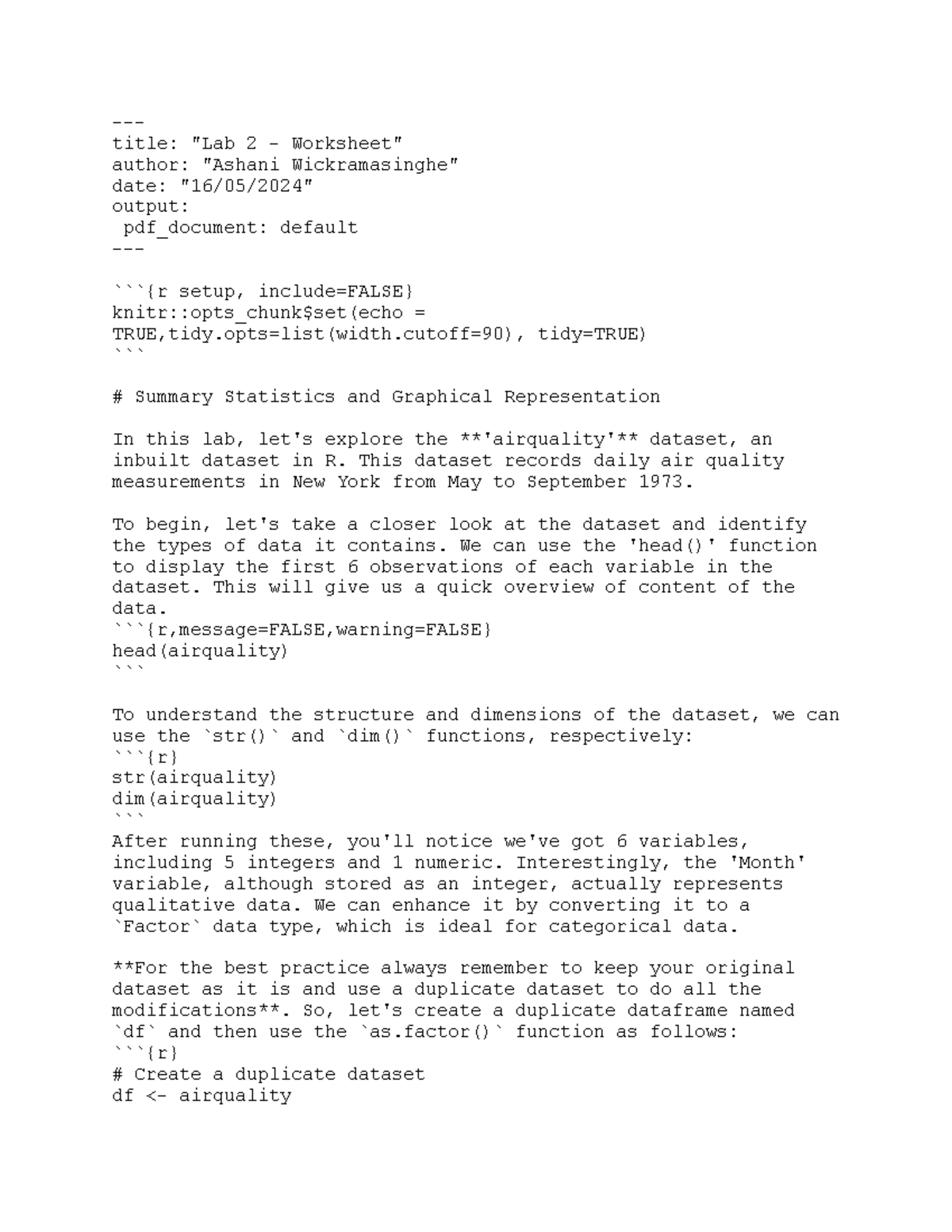Lab activity 2-solutions - title: "Lab 2 - Worksheet" author: "Ashani - Studocu
