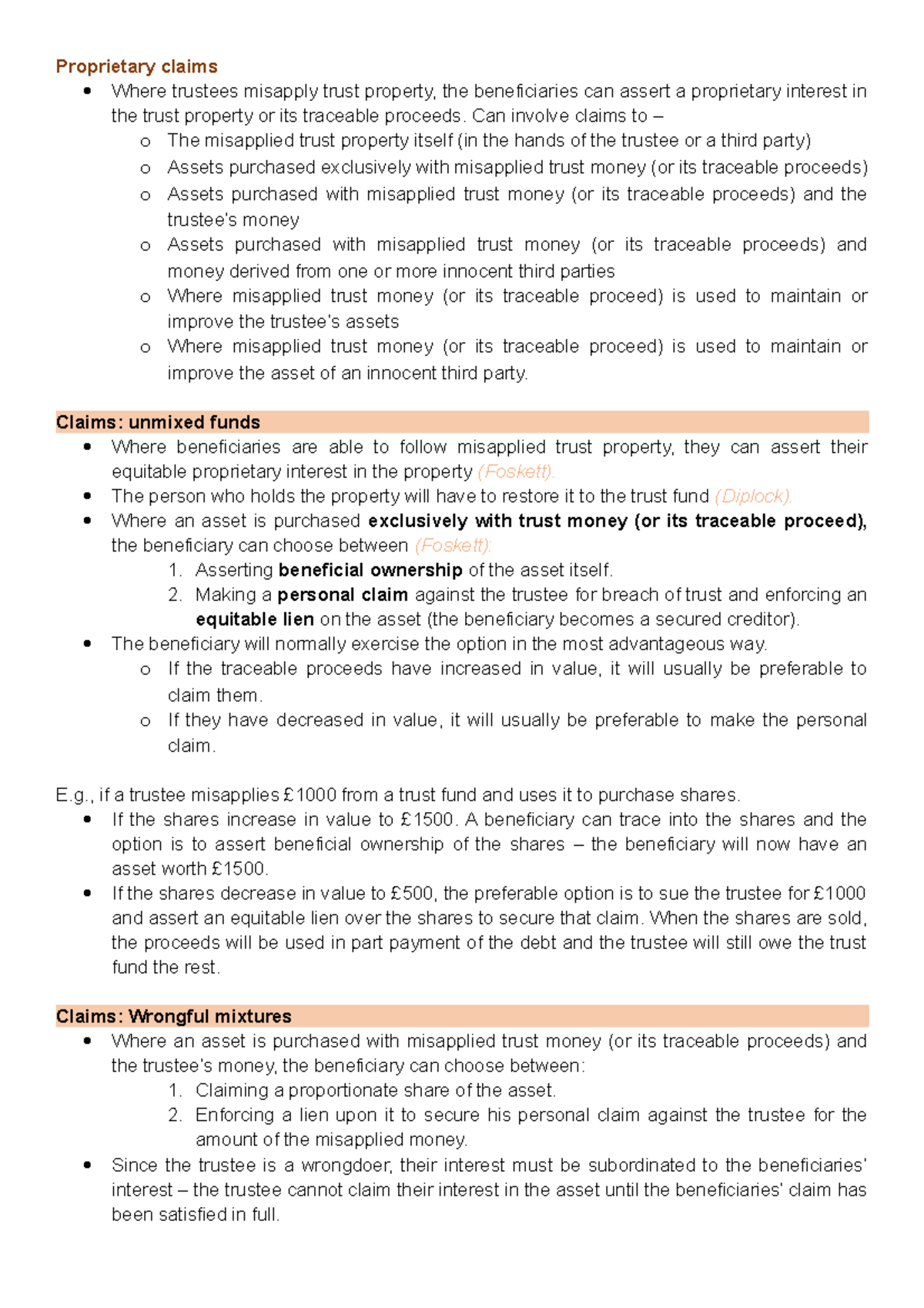 Proprietary claims to misapplied trust property - Proprietary claims ...