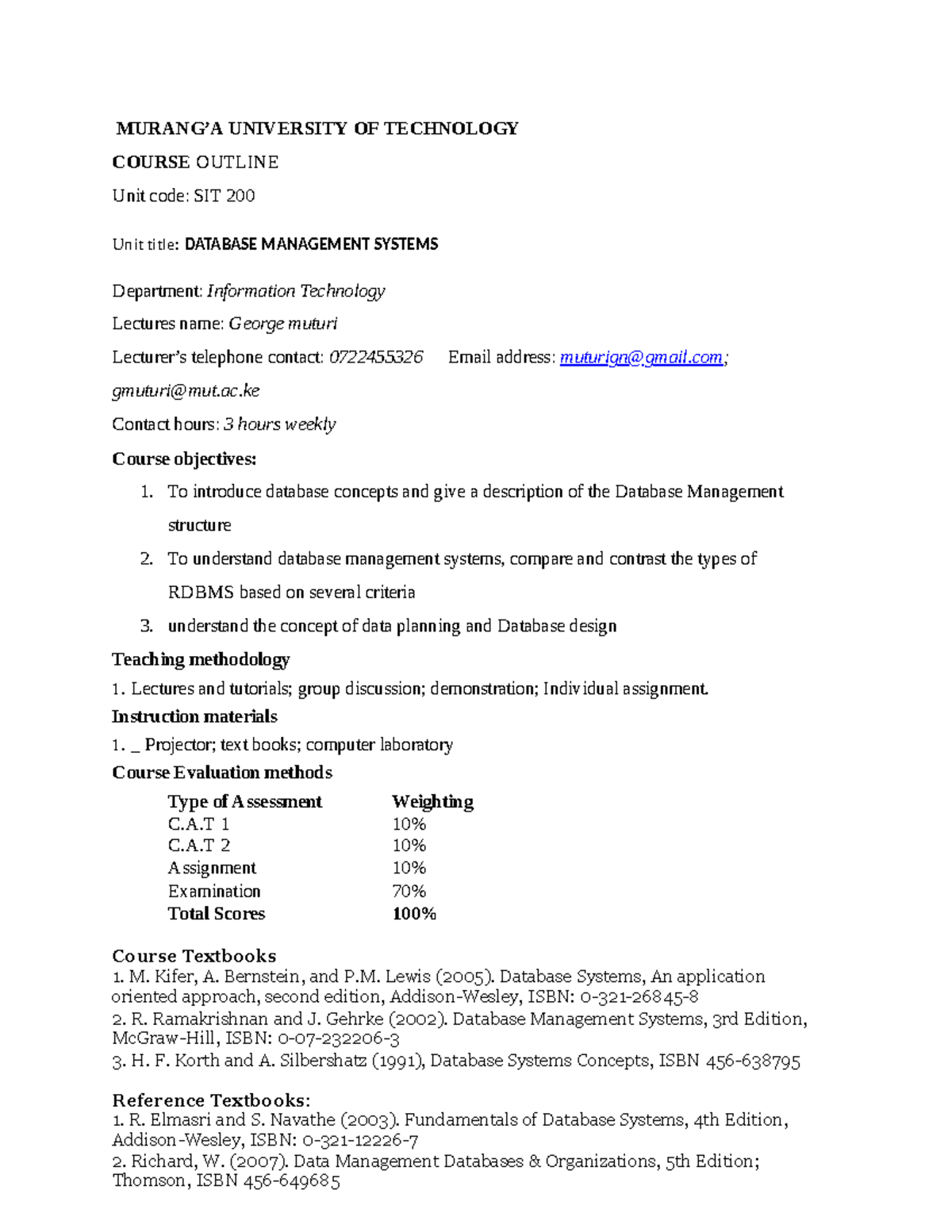 Database Management Systems outline - MURANG’A UNIVERSITY OF TECHNOLOGY ...