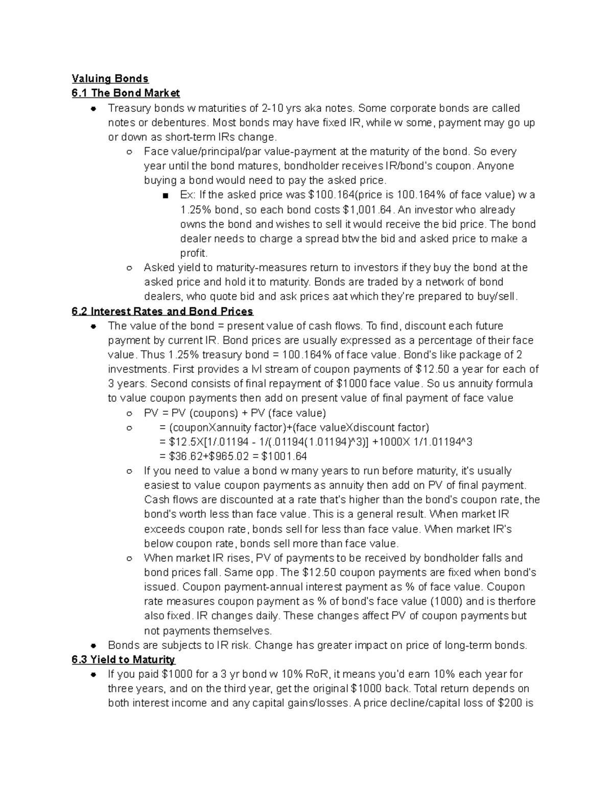 314 ch 6 - Lecture notes 6 - Valuing Bonds 6 The Bond Market Treasury ...