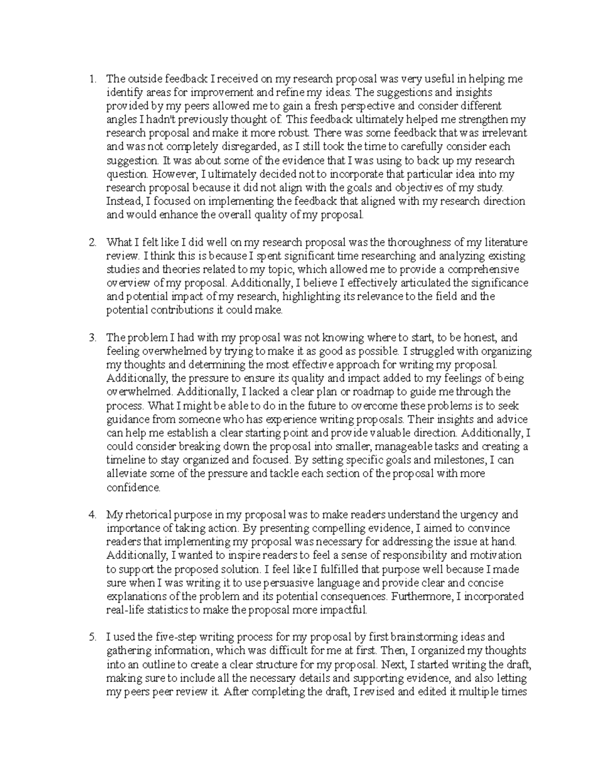 Self reflection for proposal - The outside feedback I received on my ...