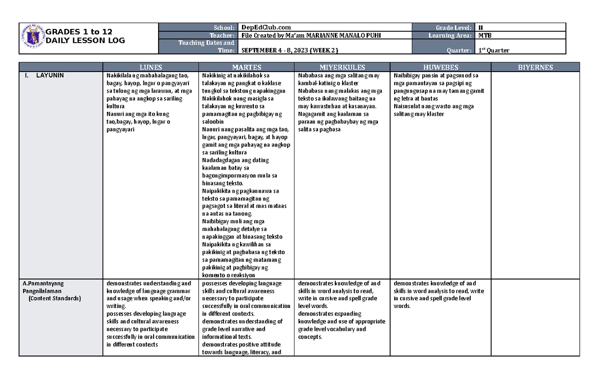 DLL MTB 2 Q1 W2 - jjj - GRADES 1 to 12 DAILY LESSON LOG School: DepEdClub Grade Level: II ...