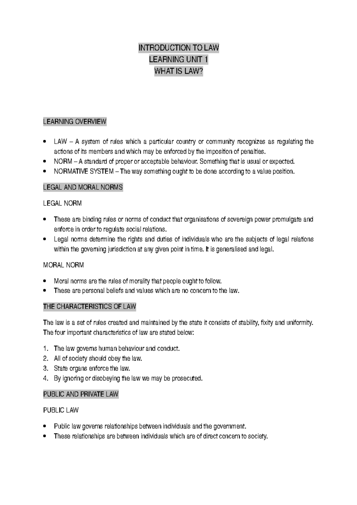 UNIT 1 OF ILW1501 - INTRODUCTION TO LAW LEARNING UNIT 1 WHAT IS LAW ...