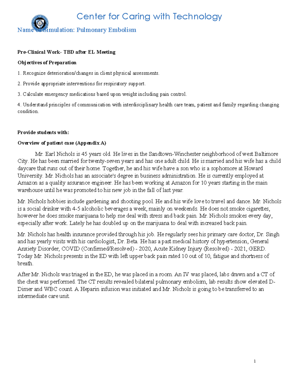 Simulation Pre-work assignment - Name of Simulation: Pulmonary Embolism ...