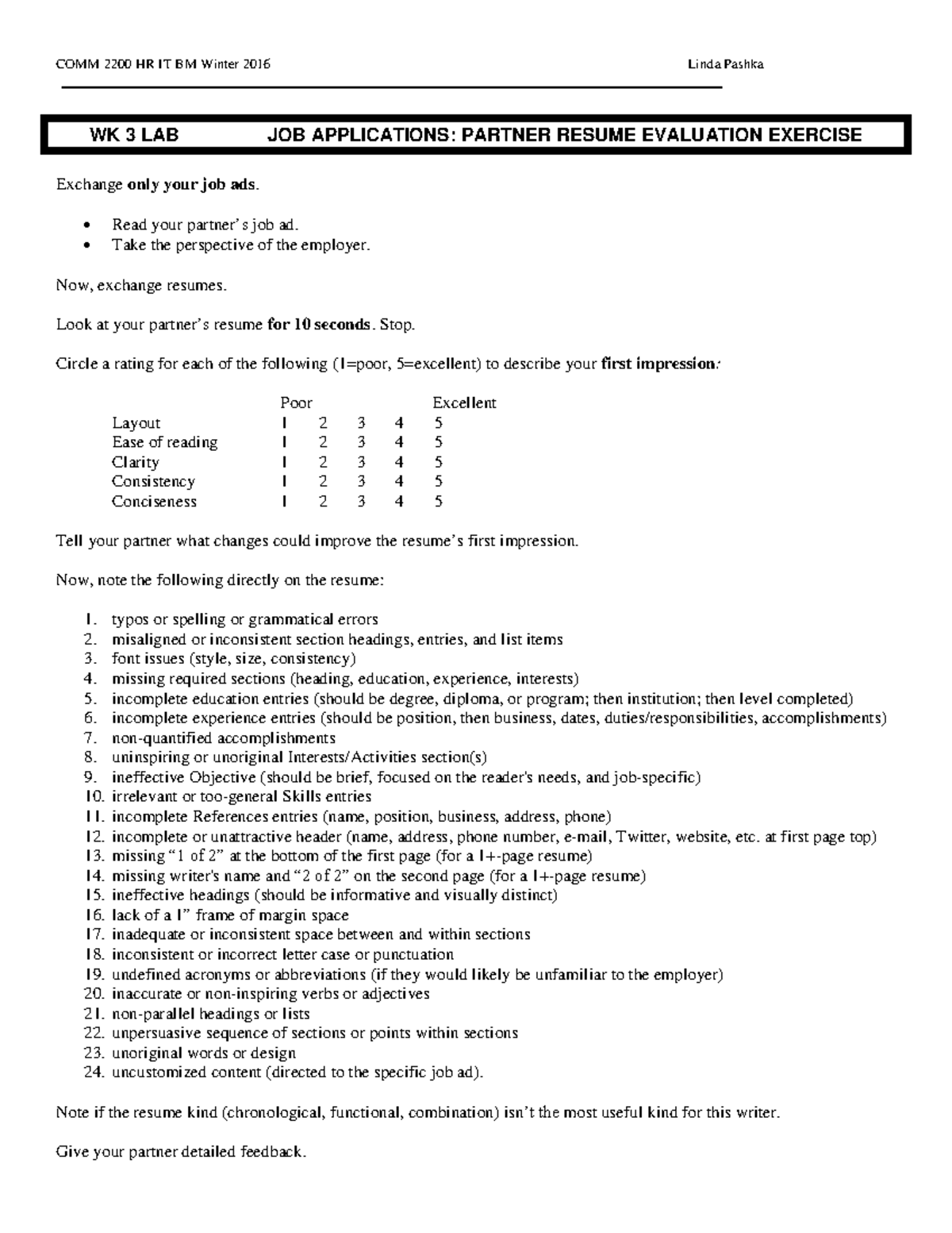 Lab3Jan19-Partner Resume And Letter Evaluation Form - COMM 2200 HR IT ...