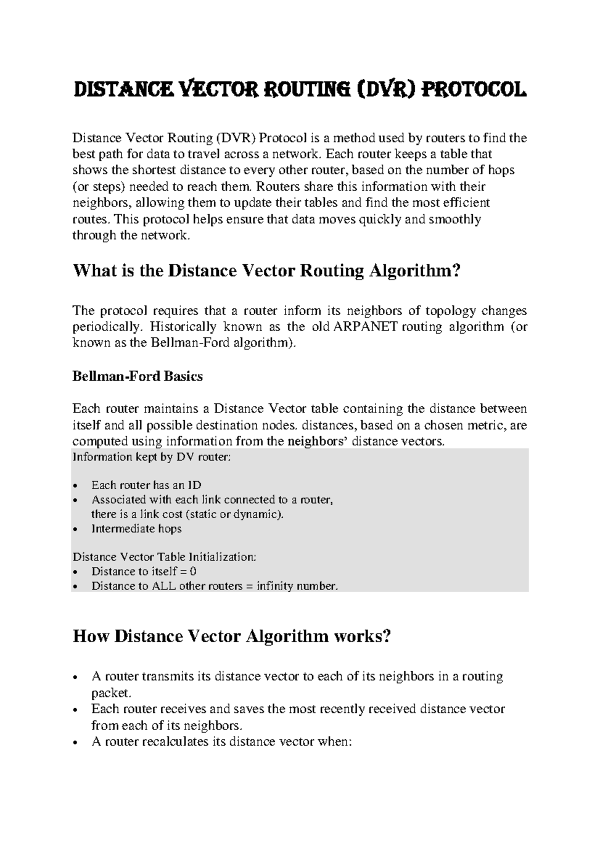 Distance Vector Routing - Each router keeps a table that shows the ...