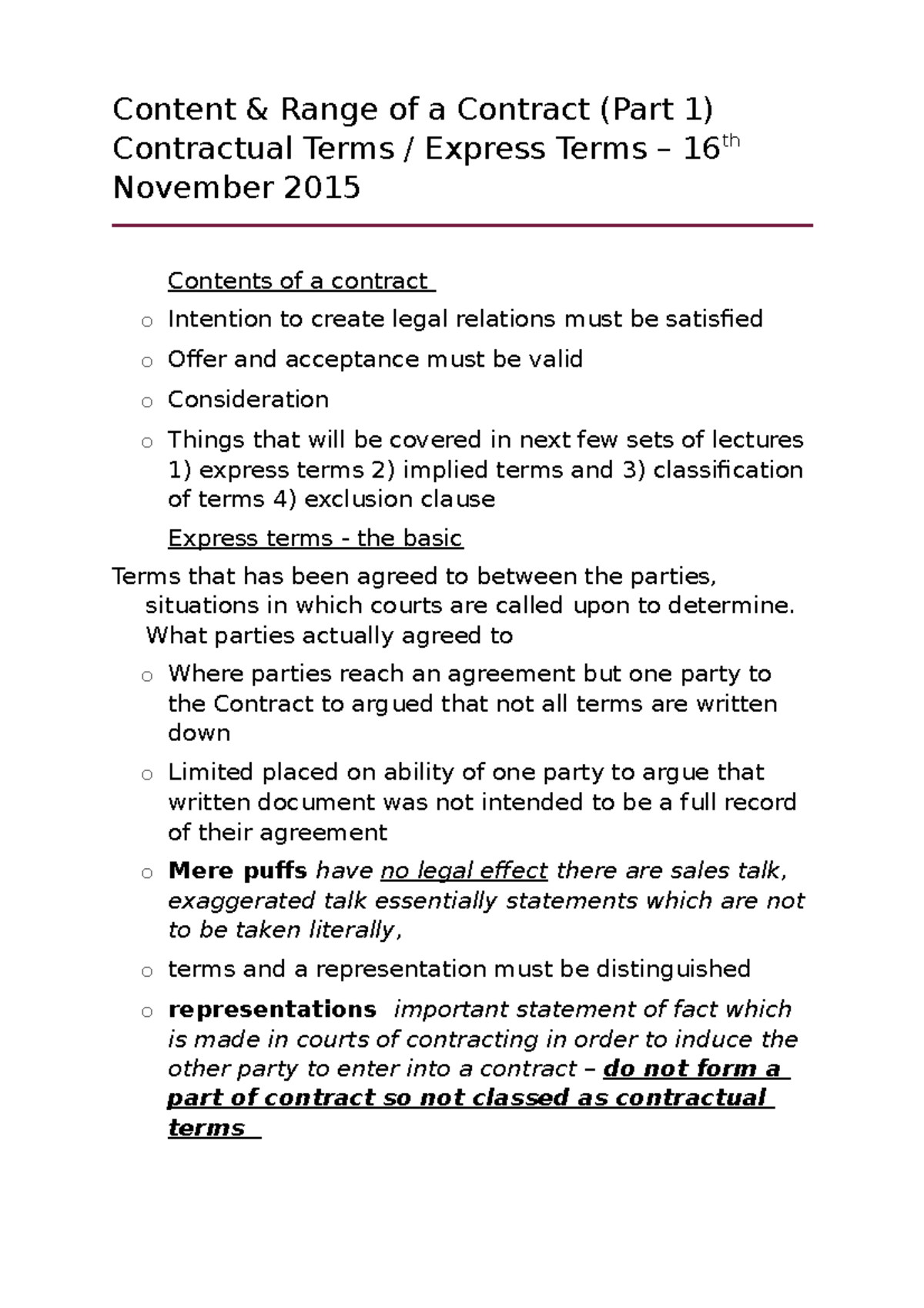 Lecture notes - contractual terms - express terms - Content Range of a ...