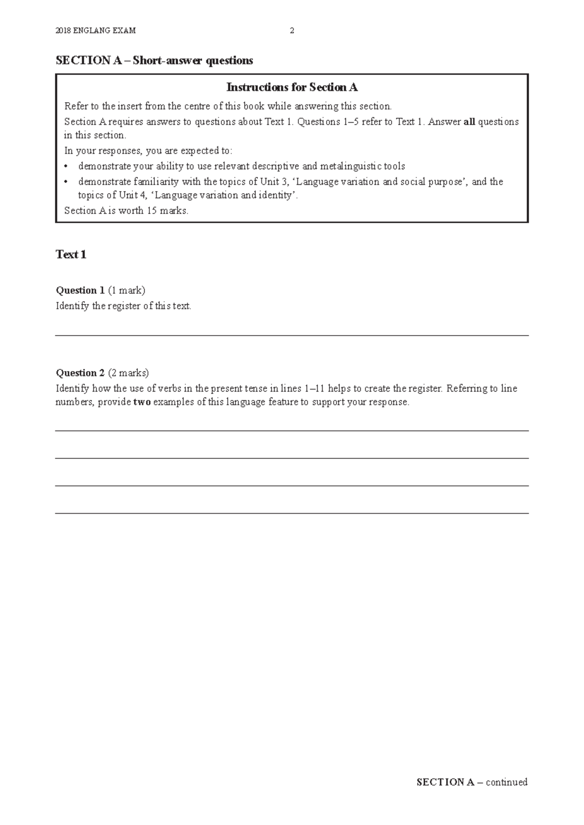 Short Answer Practice (2018 Exam) - 2018 ENGLANG EXAM 2 SECTION A ...