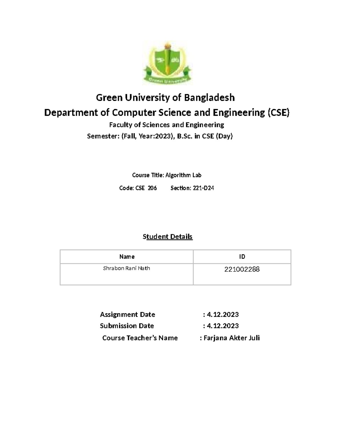 22102288 - Lab report - Green University of Bangladesh Department of ...