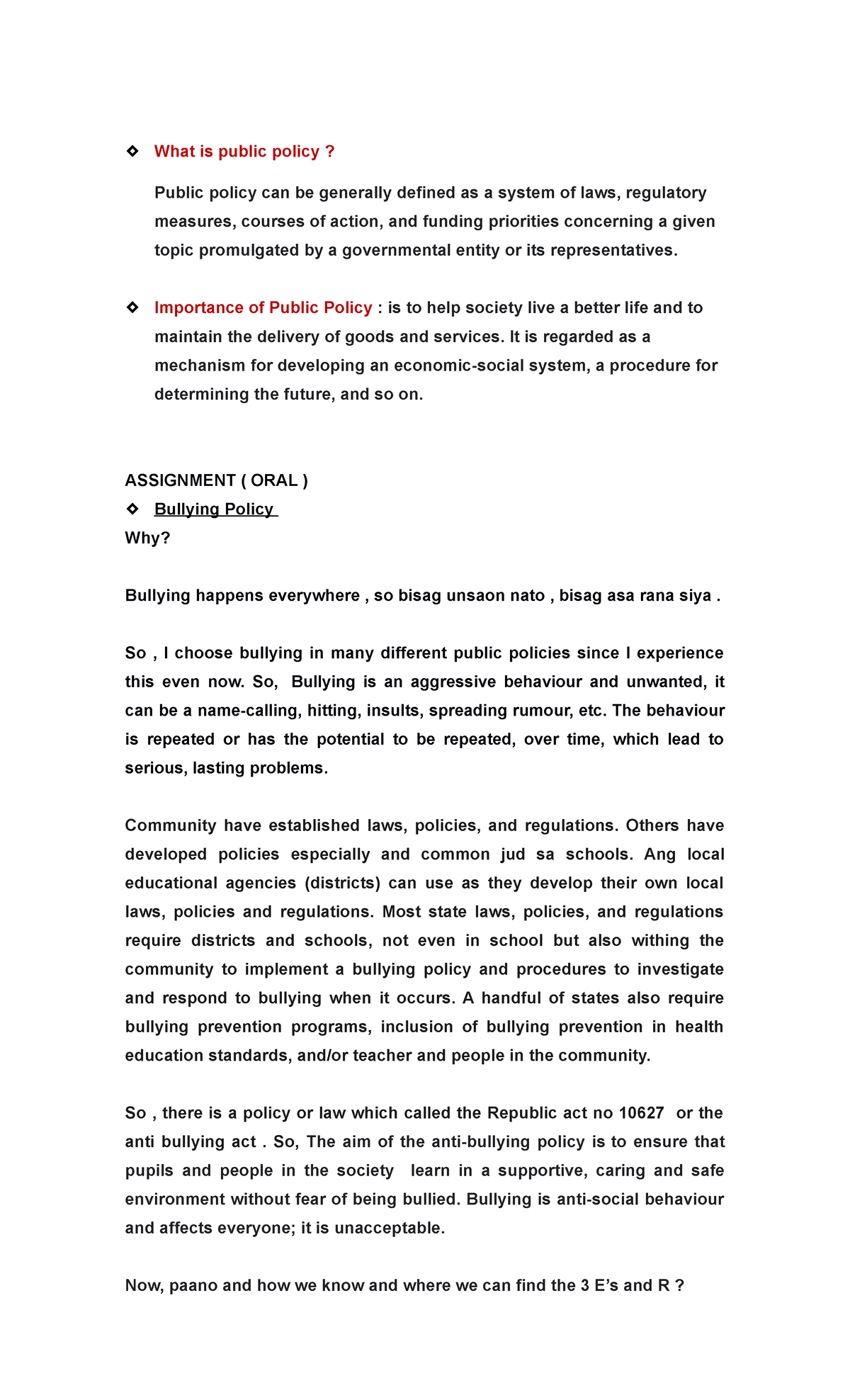 Bullying Policy - ESSAY FOR POLICIES EXAMPLE AND APPLYING 3E'S - What ...