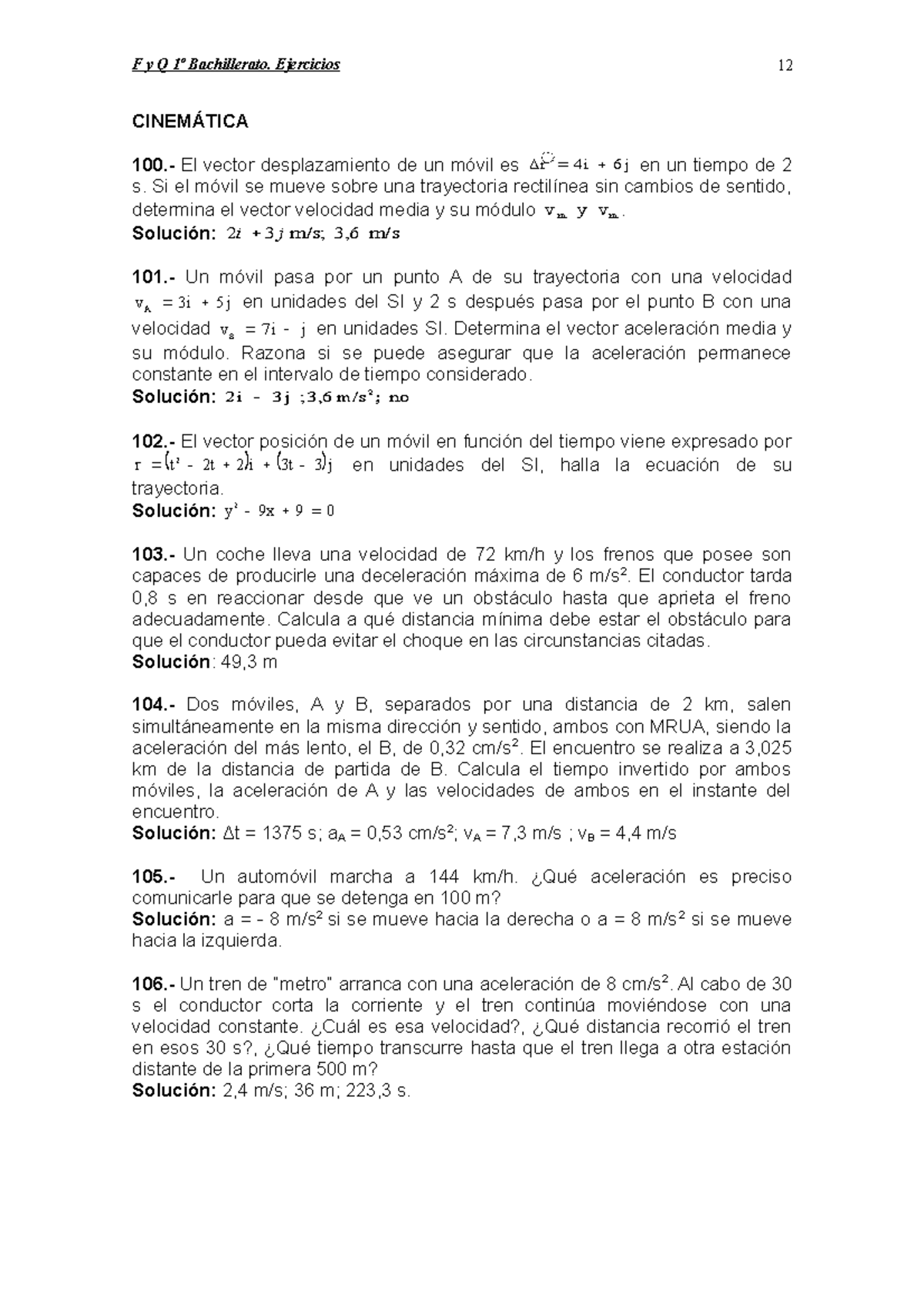 Cinemática - Prob hoja 1 - F y Q 1º Bachillerato. Ejercicios CINEMÁTICA ...