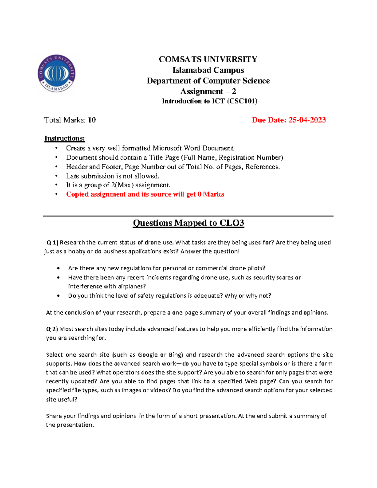 Assignment 2SP23 - COMSATS UNIVERSITY Islamabad Campus Department of ...