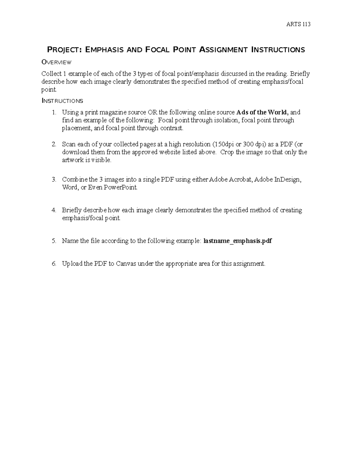 Project Emphasis and Focal Point Assignment Instructions - ARTS 113 ...