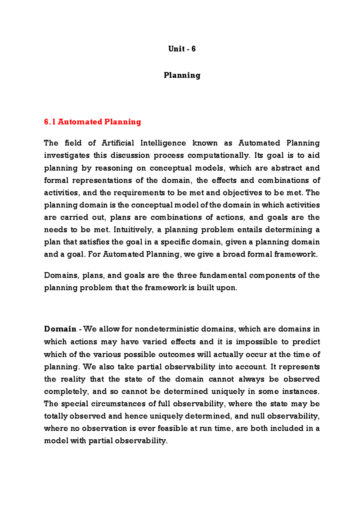Ai Unit 6 Notes - Unit - 6 Planning 6 Automated Planning The field of ...