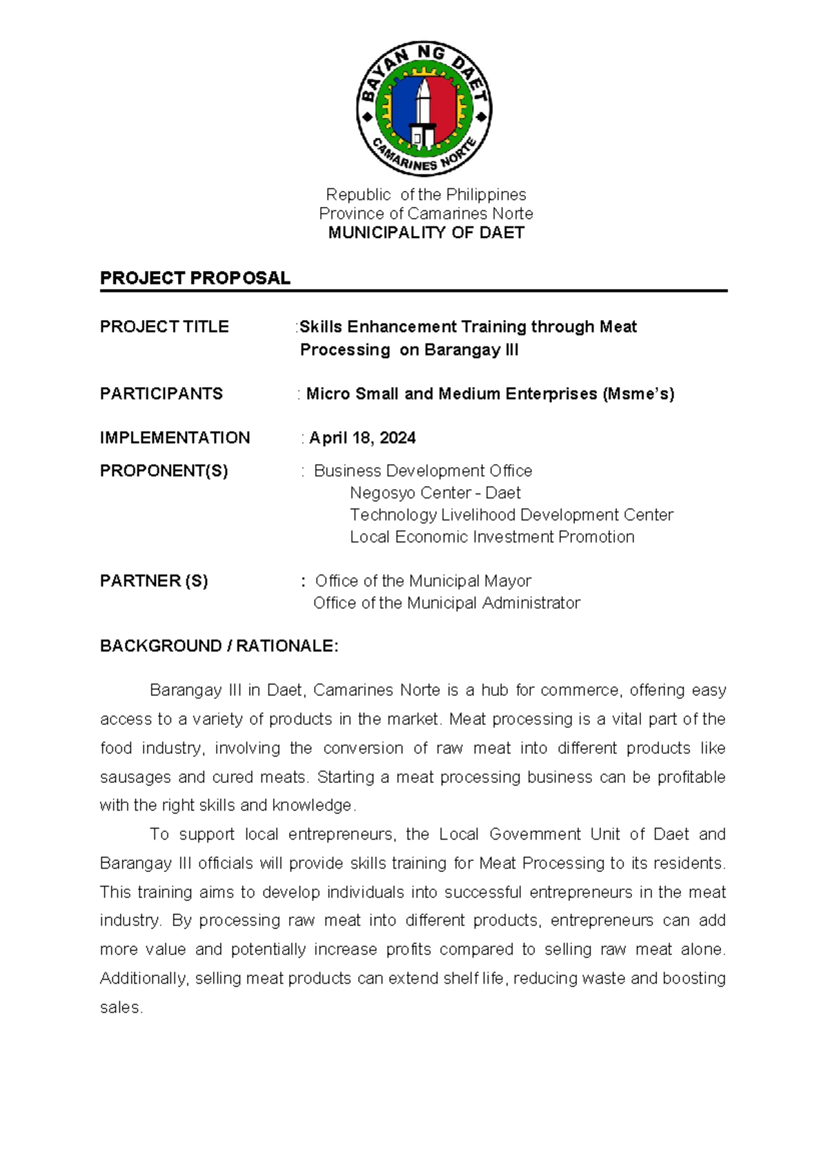 Meat Processing Brgy 8 - Details - Republic of the Philippines Province ...