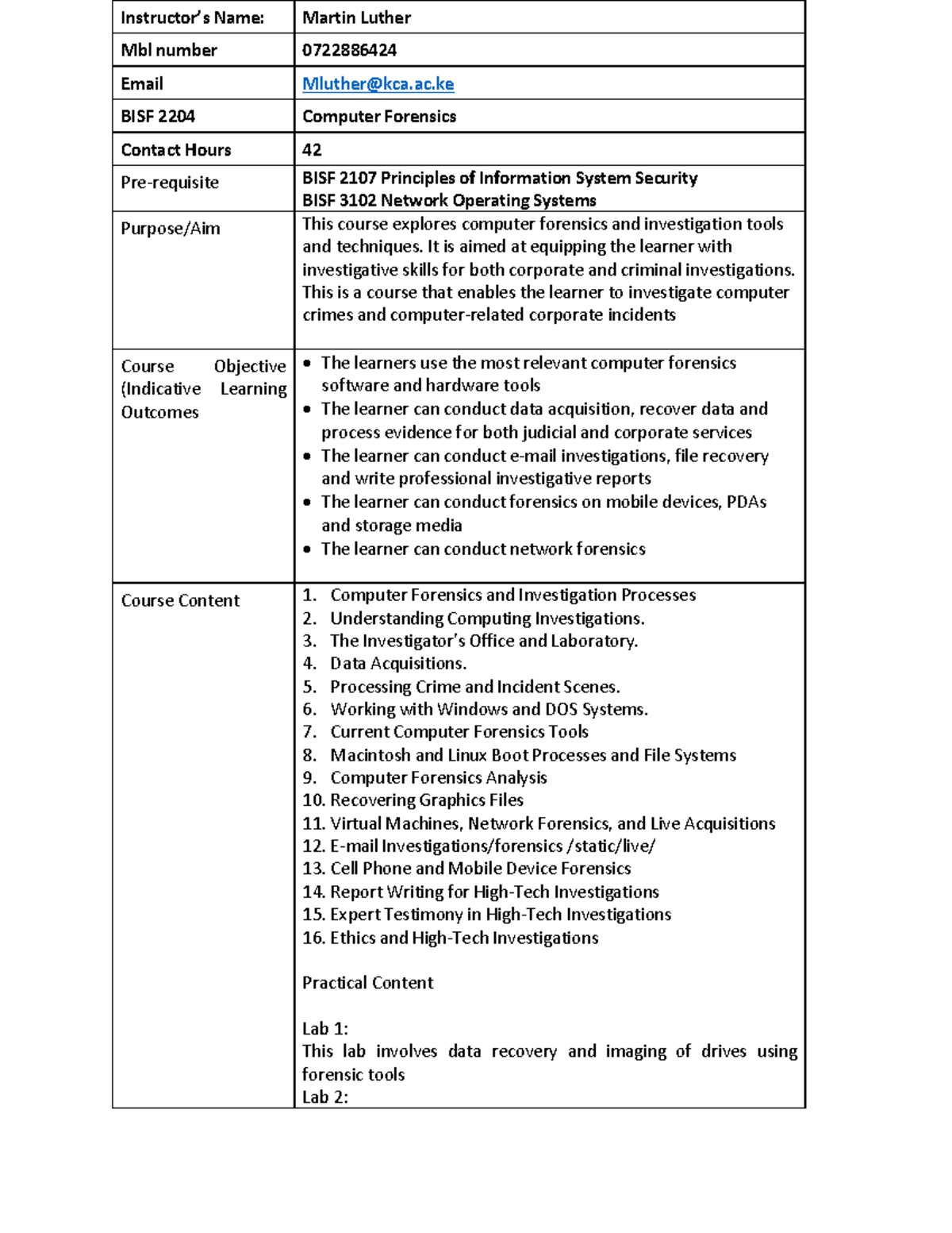 BAC 2319 Computer Forensics - Instructor9s Name: Martin Luther Mbl ...