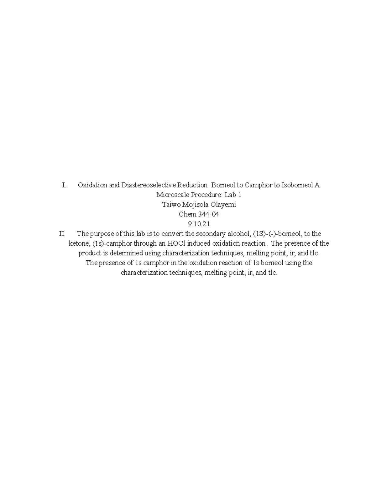 Chem 344 lab 1 - chem 344 lab experiments - I. Oxidation and ...