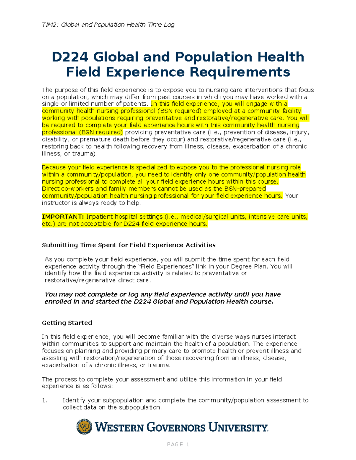 Global and Population Health Field Experience Requirements - TIM2: Global and Population Health ...
