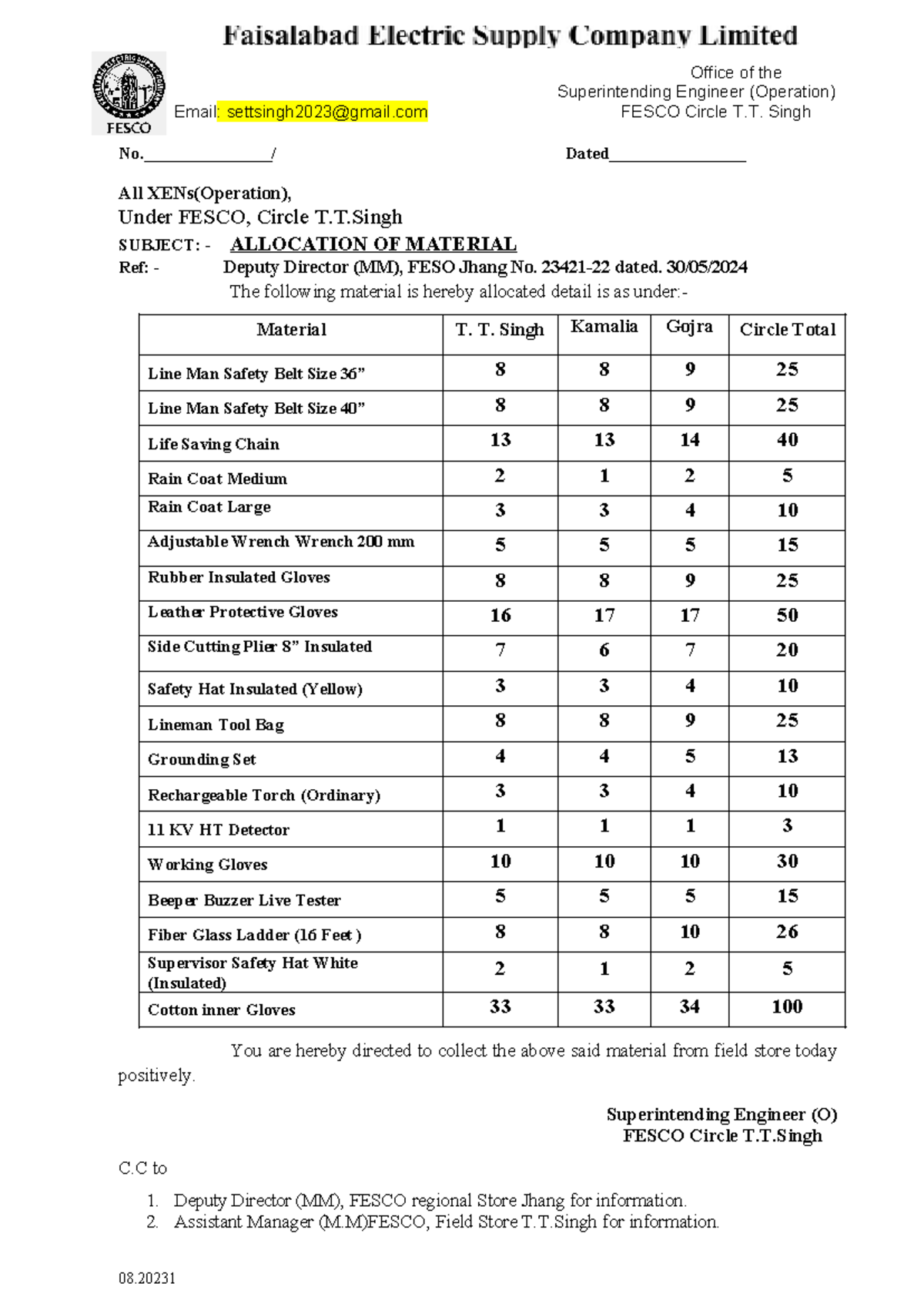 Allocation of Material - Office of the Superintending Engineer ...