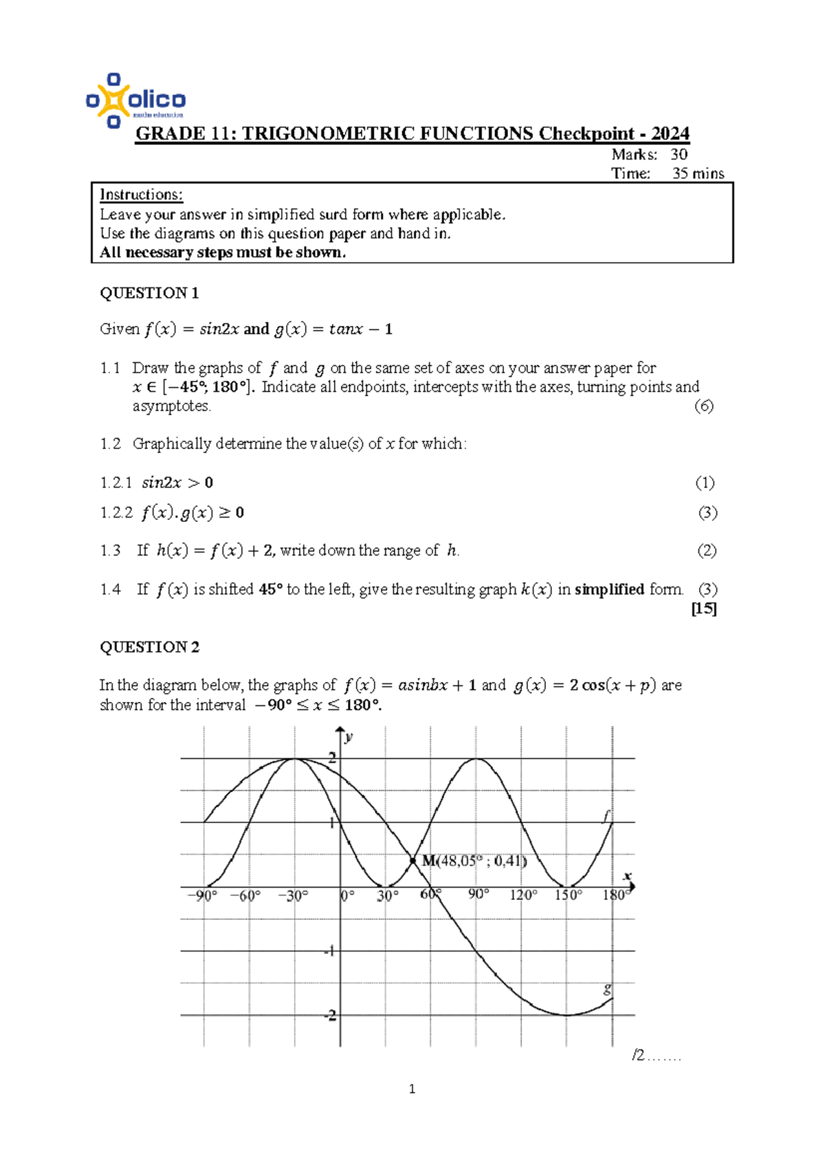 Gr 11 Trig. Functions Checkpoint - 2024 - 1 GRADE 1 1 : TRIGONOMETRIC ...