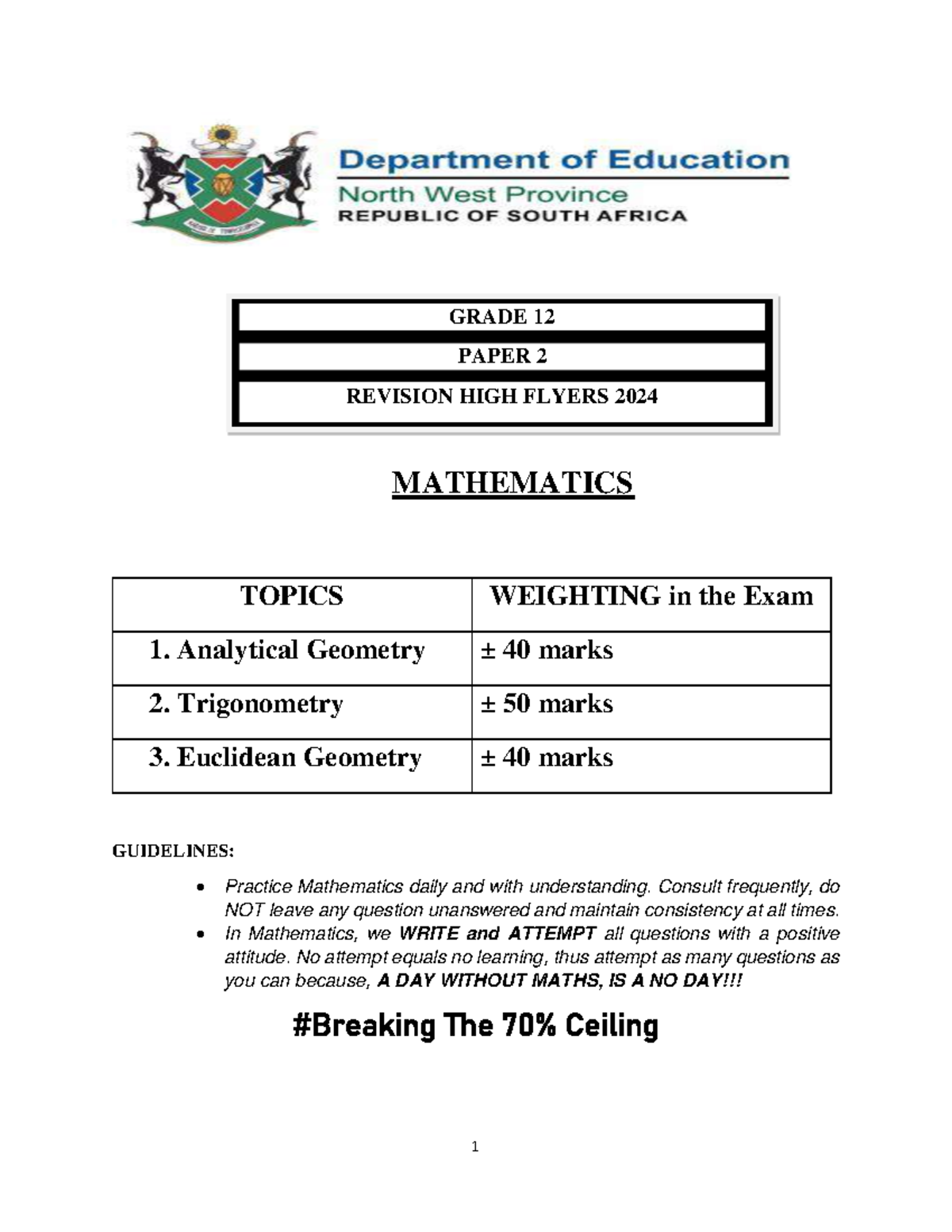 Maths P2 HIGH Order Material 2024b - MATHEMATICS TOPICS WEIGHTING in ...