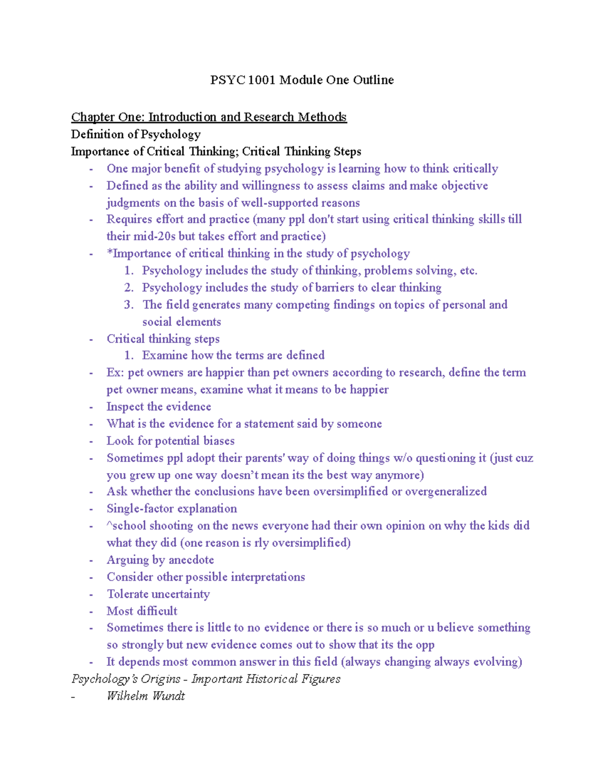 Psyc 1001 Module One Outline Psyc 1001 Module One Outline Chapter One Introduction And