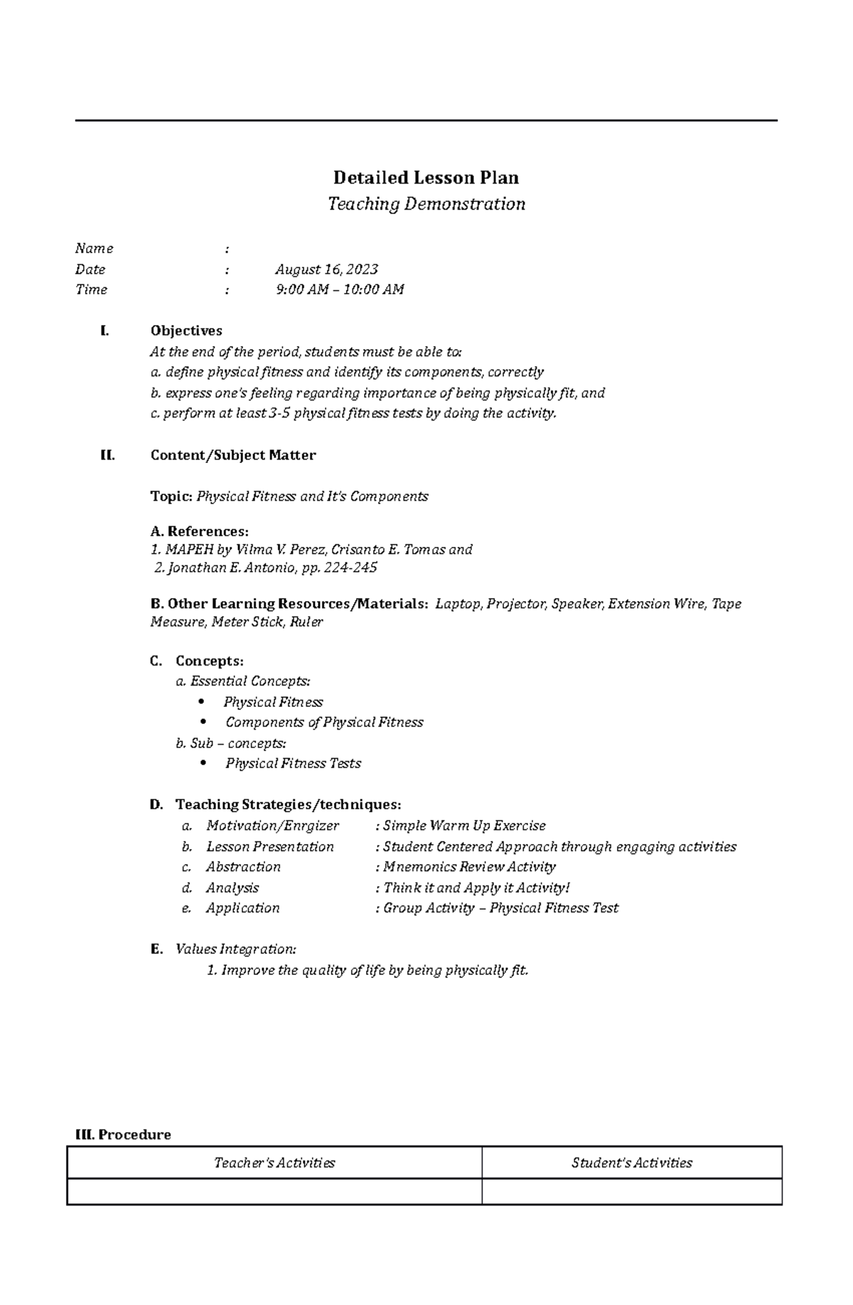 Lesson Plan - Detailed Lesson Plan Teaching Demonstration Name : Date ...
