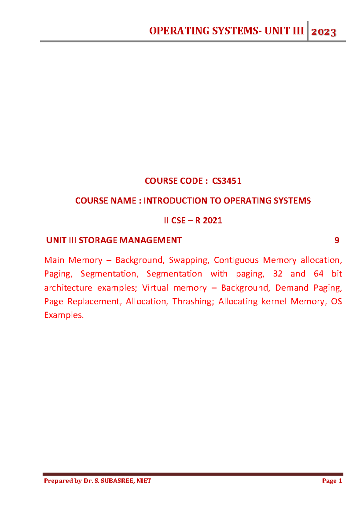 UNIT-3 - COURSE CODE : CS COURSE NAME : INTRODUCTION TO OPERATING ...