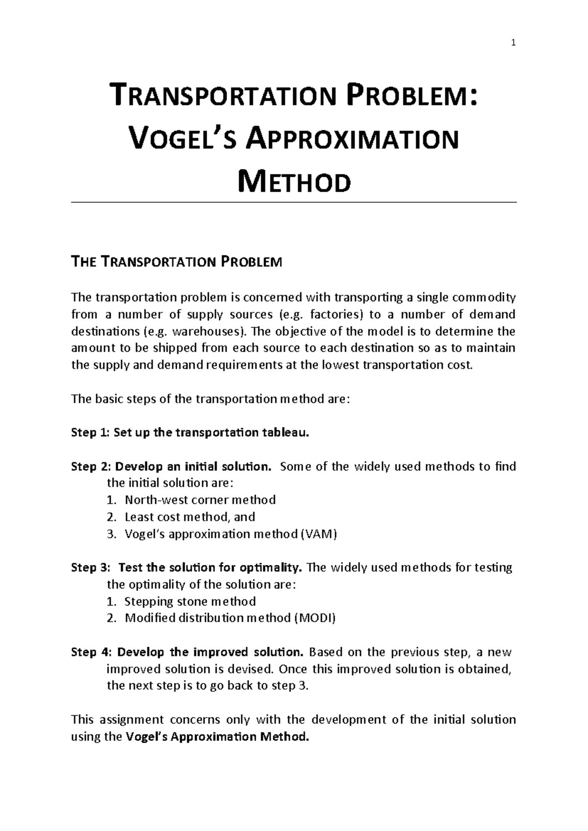 51215206 Vogel s Approximation Method Project - TRANSPORTATION PROBLEM ...