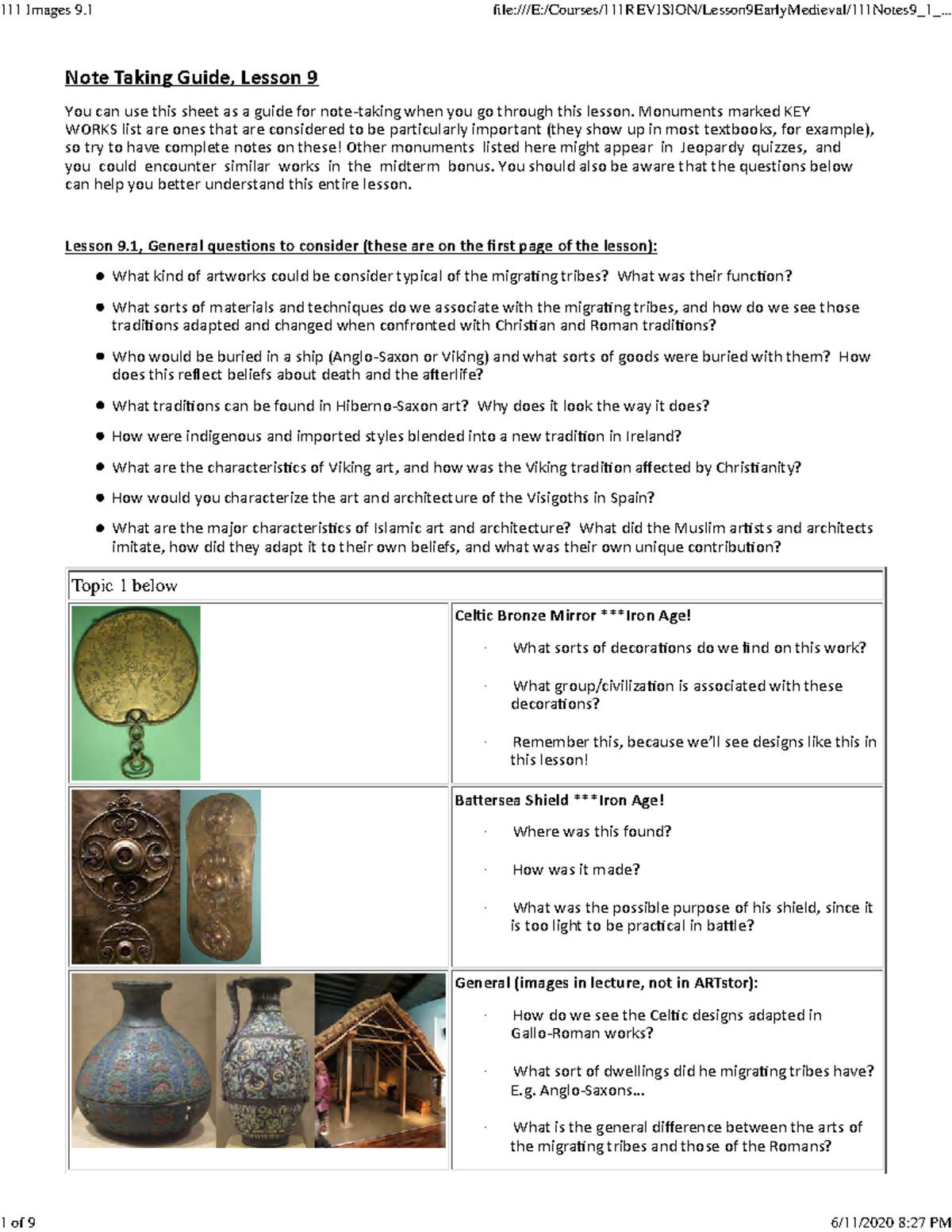 Lesson 9 - Complete notes on the specific art pieces needed. Additional ...