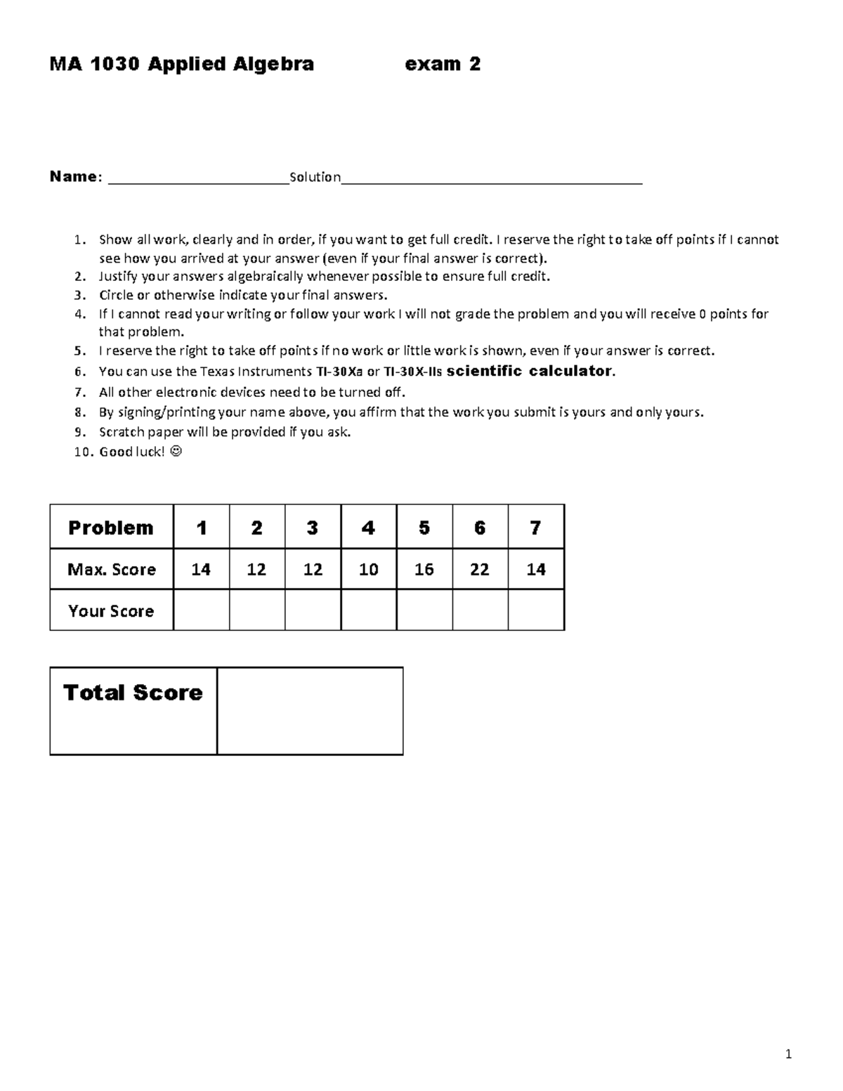MA 1030 practice 2 - sol - MA 1030 Applied Algebra exam 2 Name ...