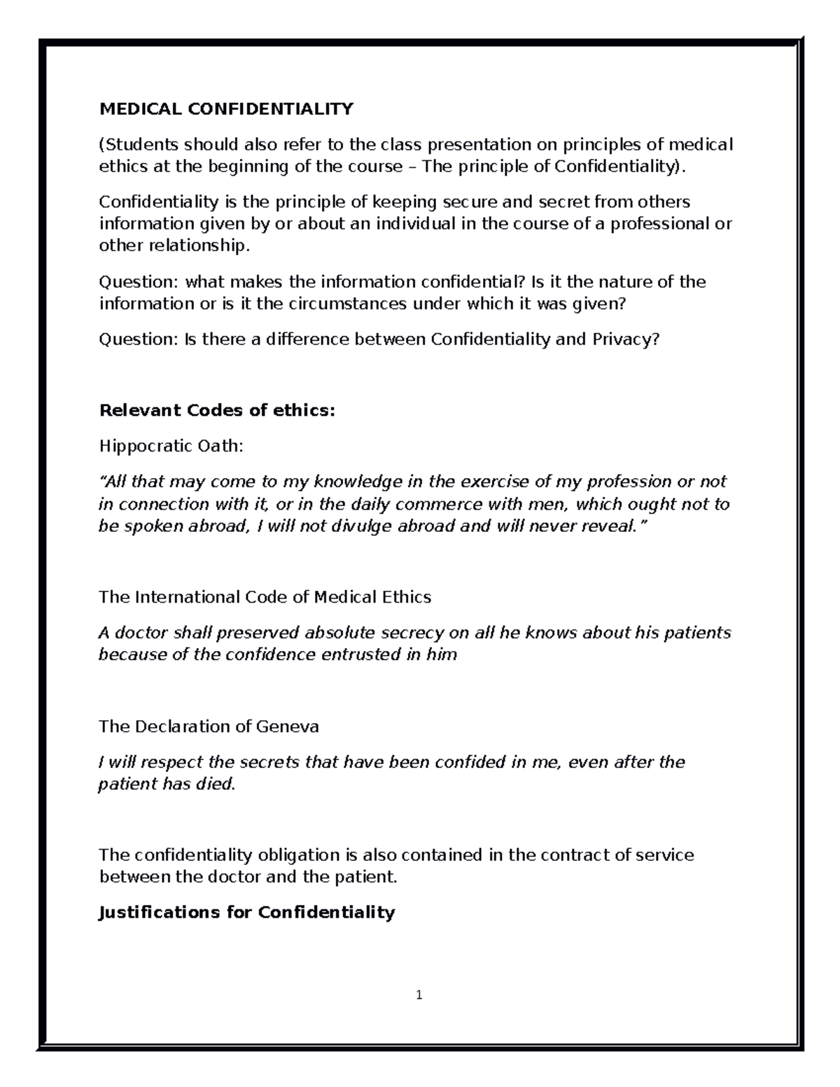 Medical Confidentiality notes - MEDICAL CONFIDENTIALITY (Students ...