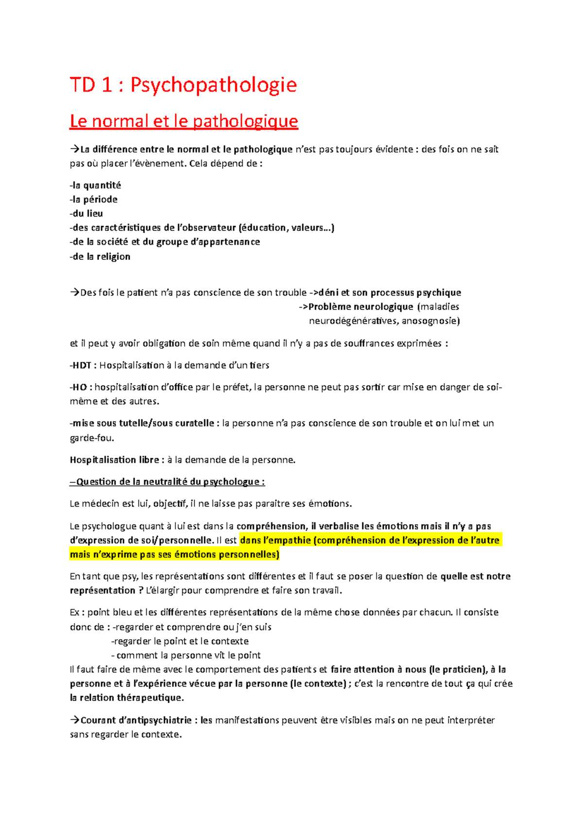 TD 1 - Le normal et le pathologique - TD 1 : Psychopathologie Le normal ...