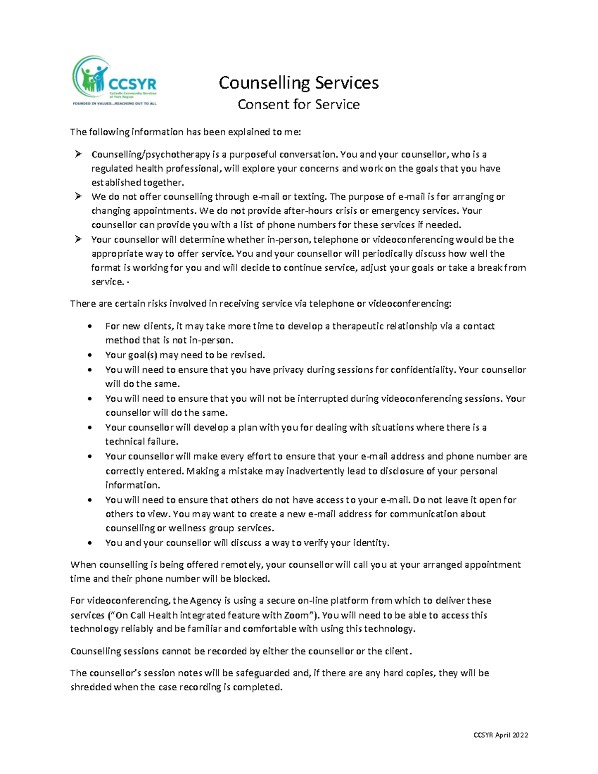 Ccsyr Counselling Consent For Service Form 052022 (Online Fillable Form ...