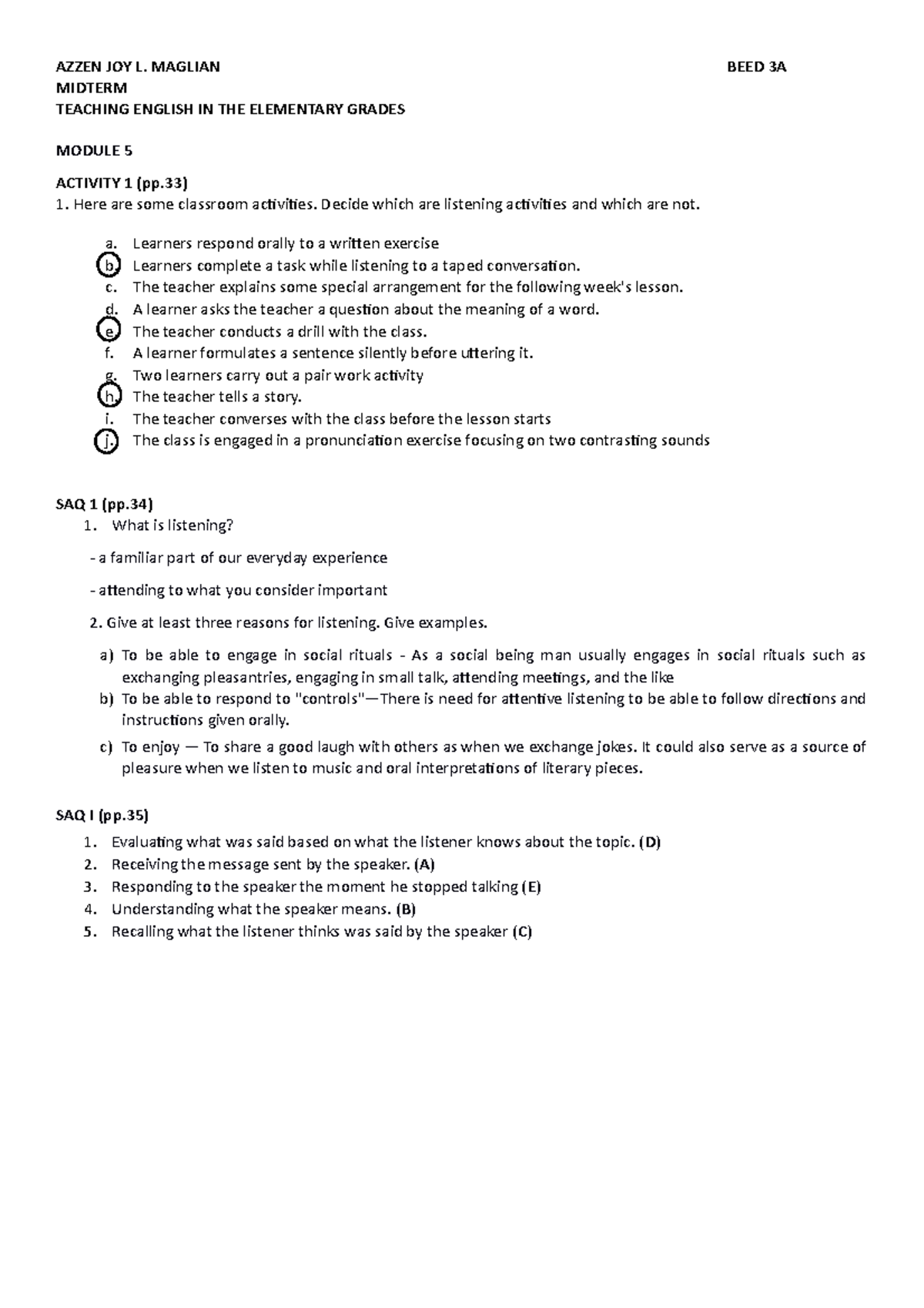 Educ - midterm - maglian - AZZEN JOY L. MAGLIAN BEED 3A MIDTERM TEACHING ENGLISH IN THE ...